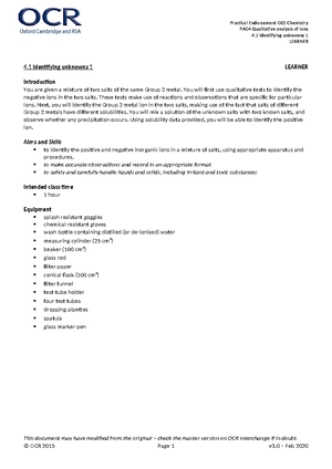 Chemistry PAG 4.3 Learner v3 - Practical Endorsement GCE Chemistry PAG4 Qualitative analysis of ...