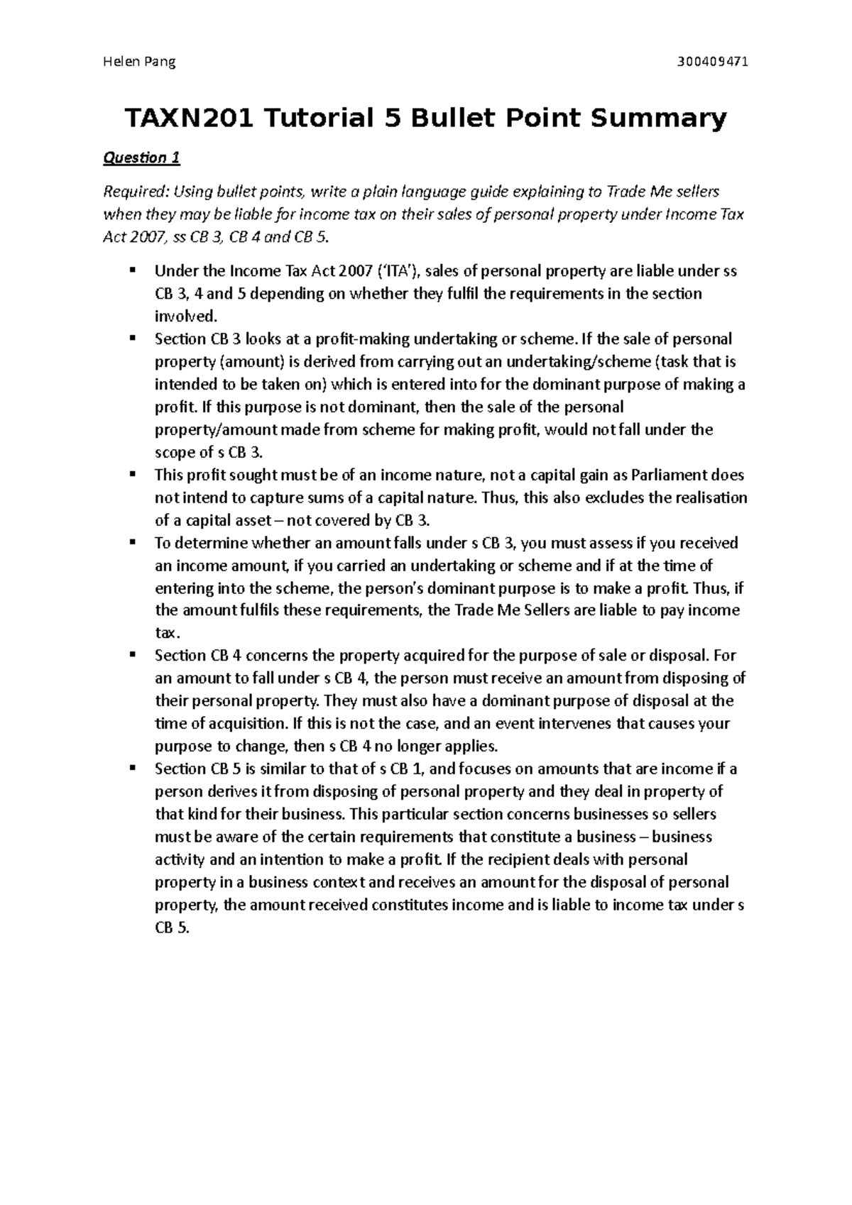 TAXN201 Tutorial 5 Bullet Point Summary - Helen Pang 300409471 TAXN201 ...