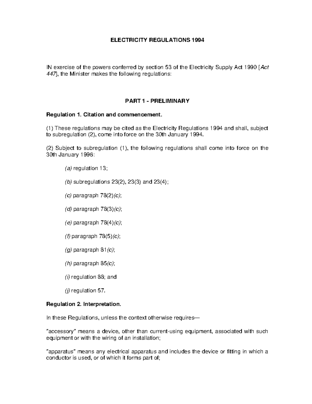 Electricity Regulations 1994 - ELECTRICITY REGULATIONS 1994 IN exercise ...