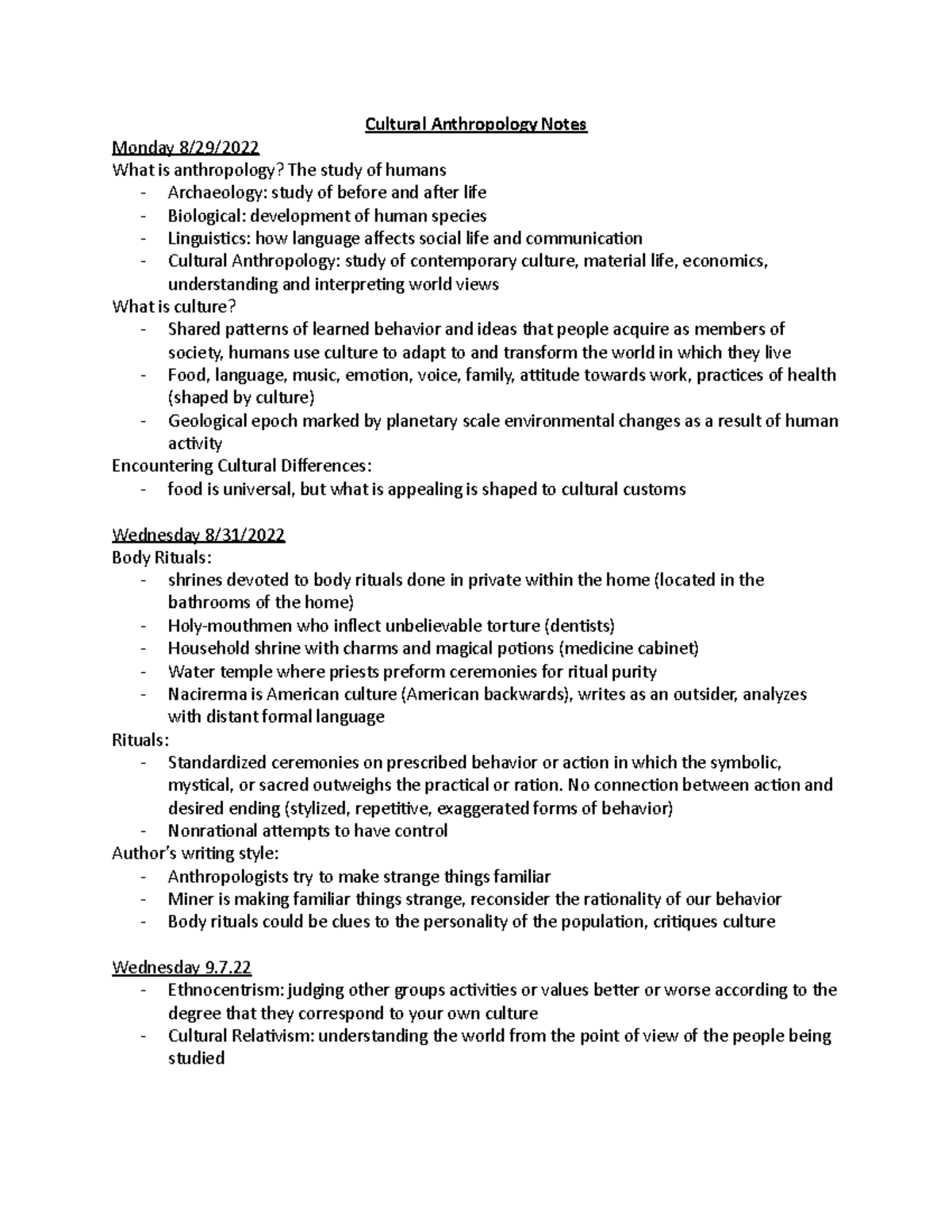 Cultural Anthropology Notes Part 1 - Cultural Anthropology Notes Monday ...