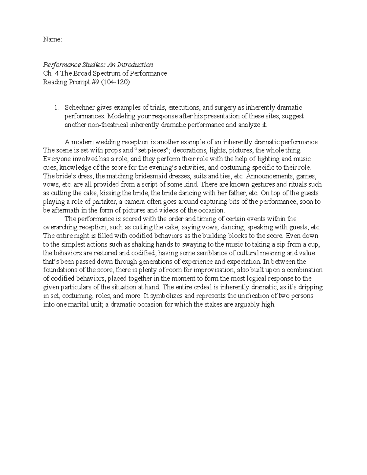 Intro to Performance Studies Reading Prompt (pp 104-120) - Name ...