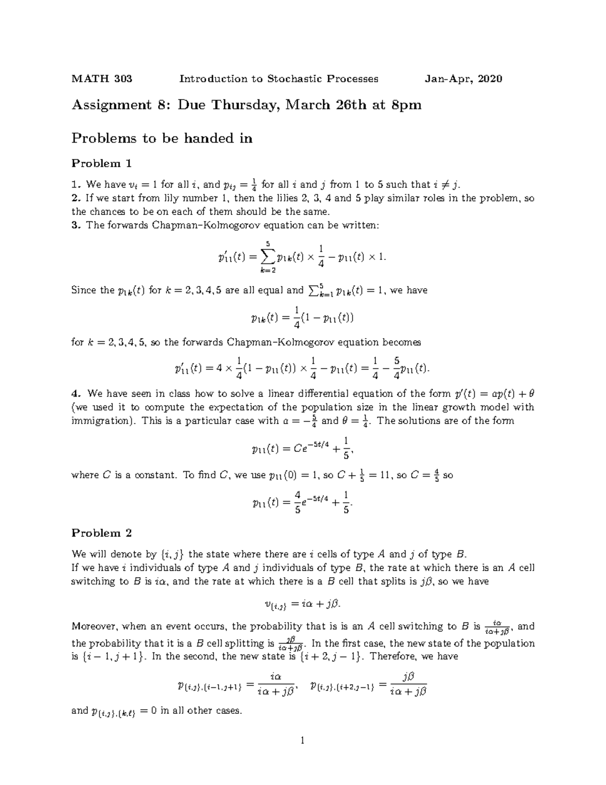 303 hw 8 sol - Math assignment - MATH 303 Introduction to Stochastic Processes Jan-Apr, 2020 ...