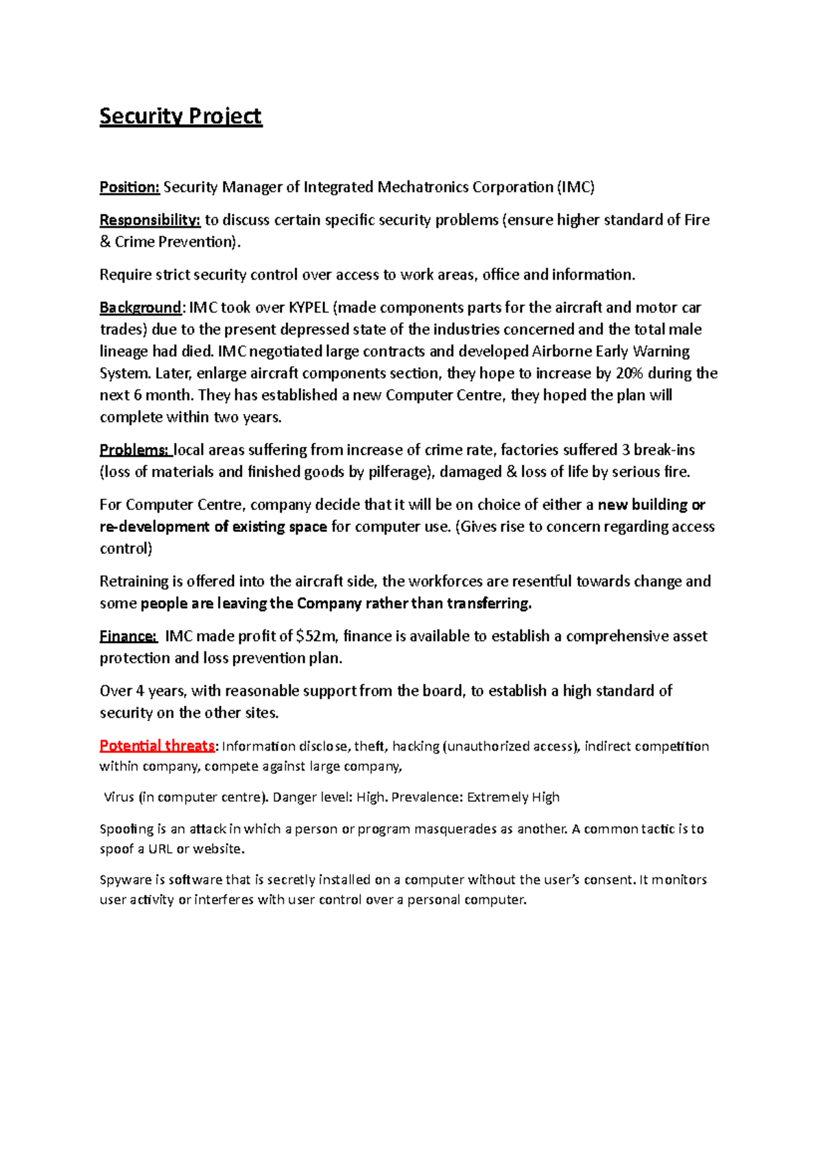 Security Project - Security Project Position: Security Manager of ...