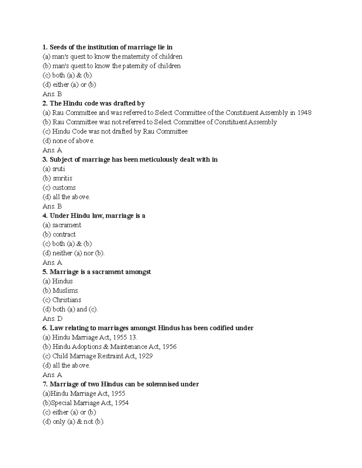 FL MCQ 1 - Multiple Choice Questions (MCQ) for Family Law 1 BALLB ...