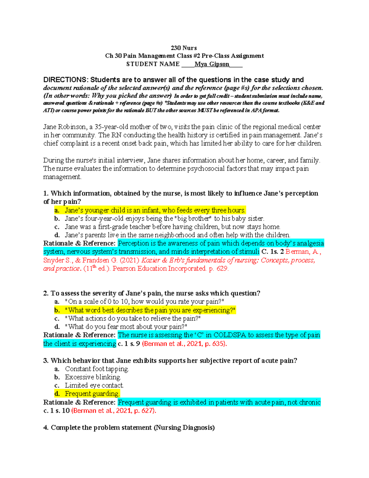 Ch 30 Pain Management Class #2 Case Study- Pre Class Worksheet Student ...