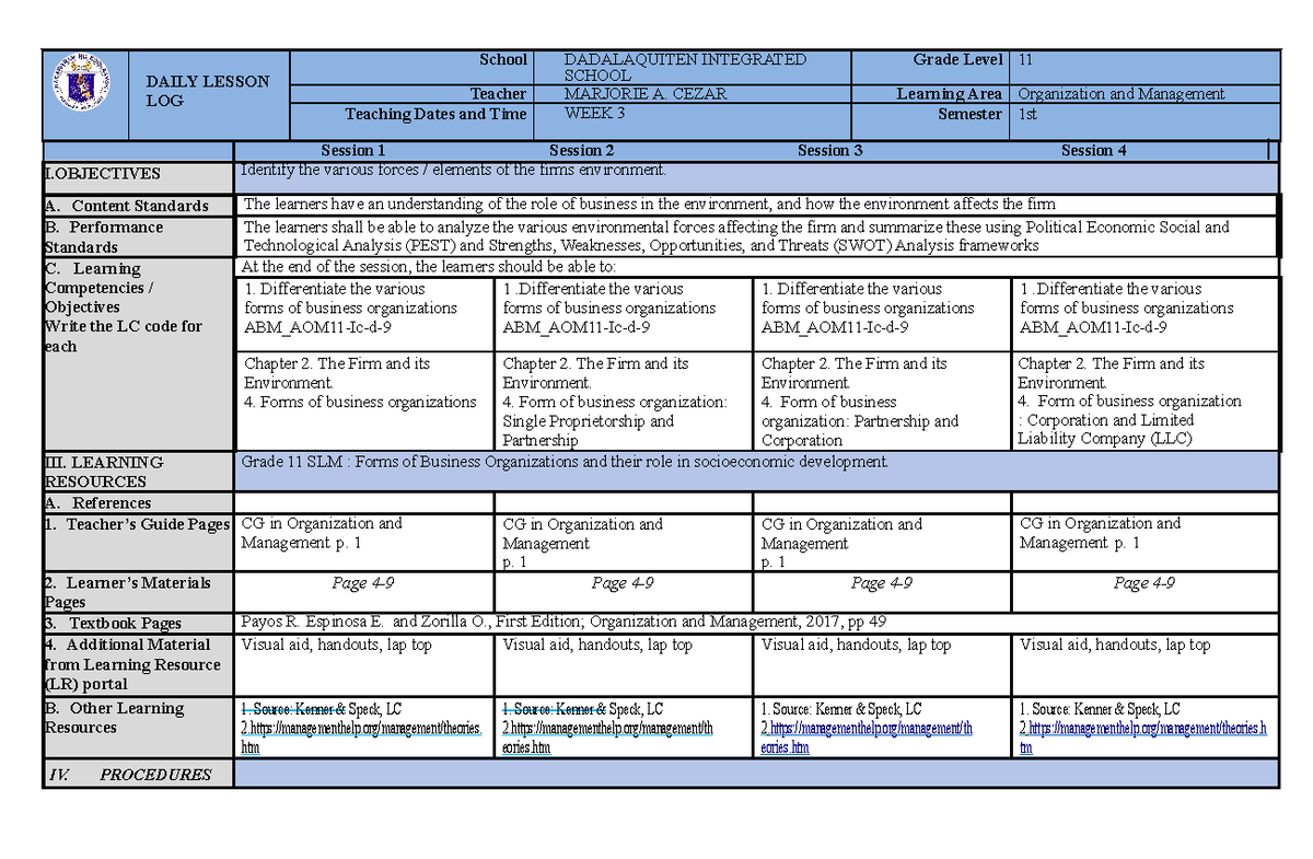 Grade 11 org amp mgt week 3 - DAILY LESSON LOG School DADALAQUITEN ...