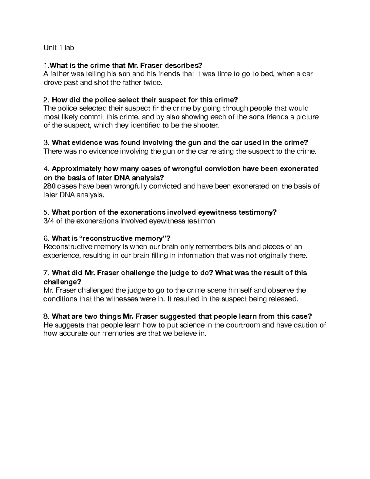 Unit 1 lab 2 - unit 1 lab - Unit 1 lab 1 is the crime that Mr. Fraser ...