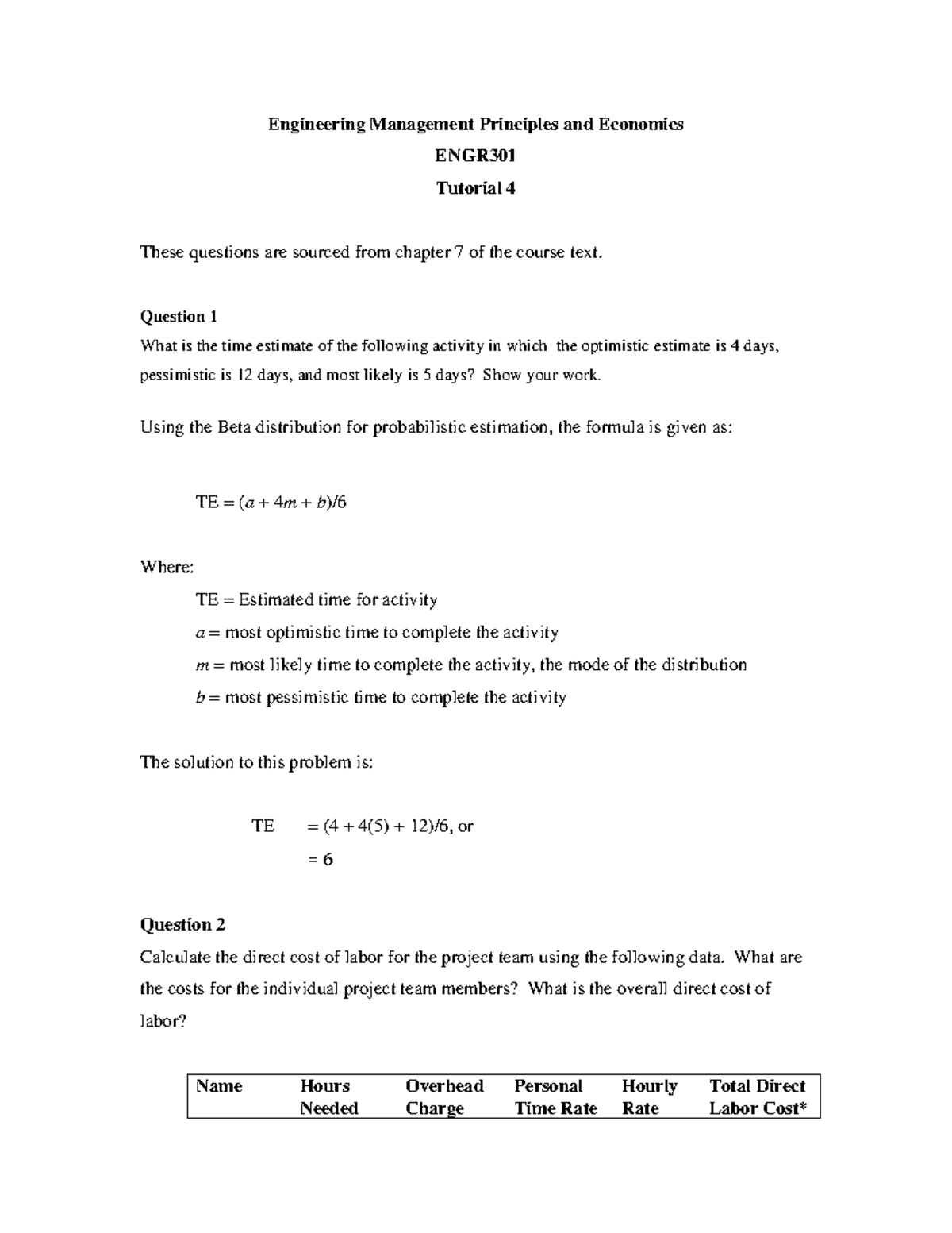 Tutorial 4 Solutions Chapter 7 - Engineering Management Principles and ...
