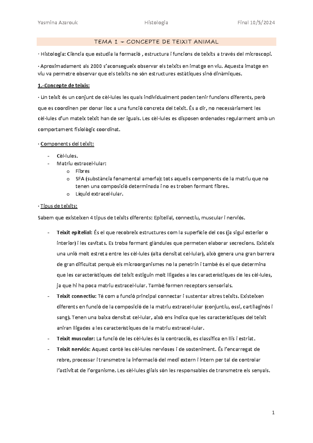 TEMA 1 – Concepte de Teixit Animal - Yasmina Azarouk Histologia Final ...