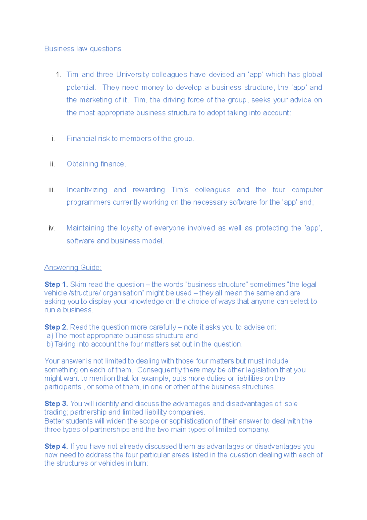 Business law questions and answers 2 - Business law questions Tim and ...