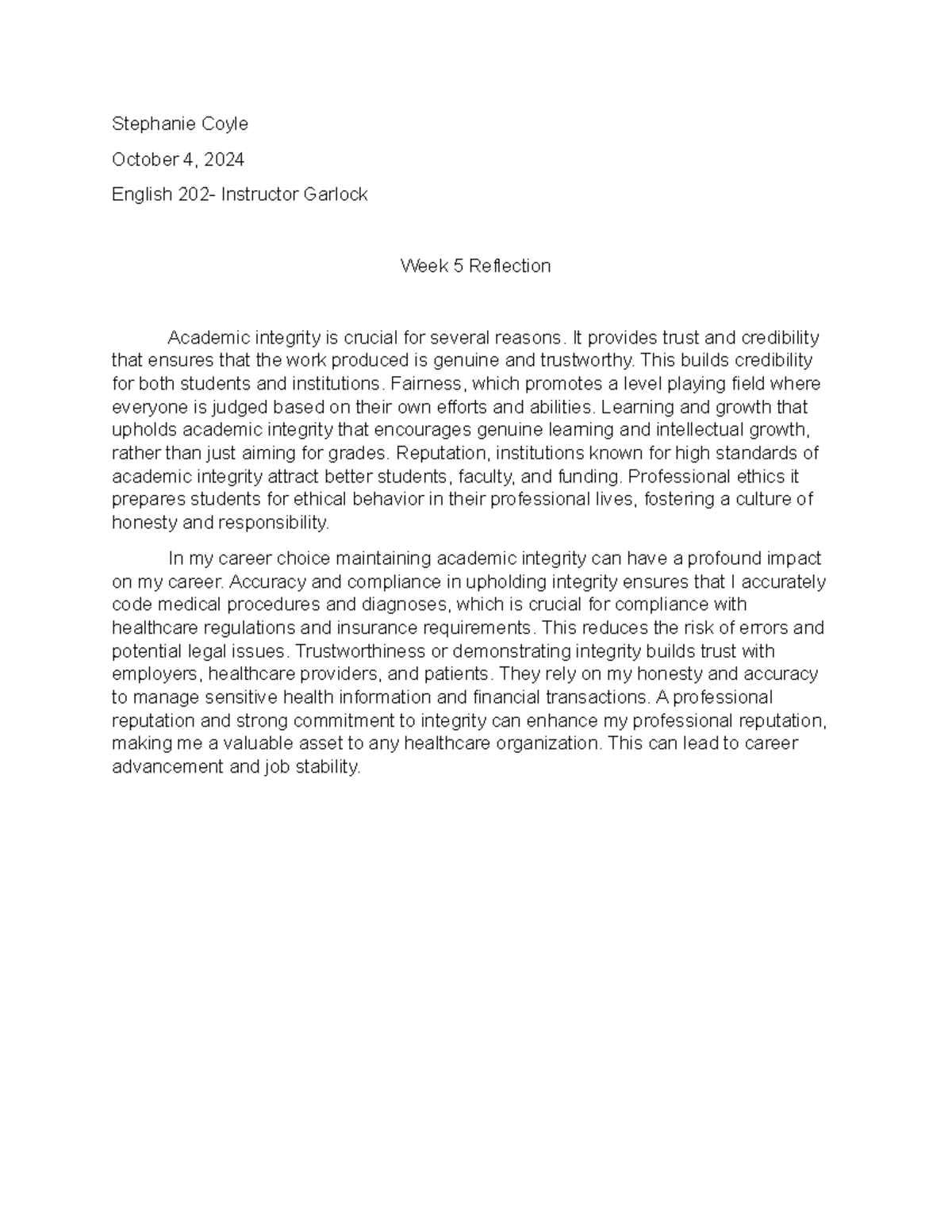 English 202 Week 5 Reflection - Stephanie Coyle October 4, 2024 English ...