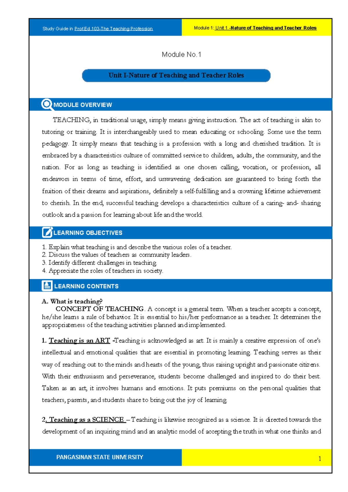 Module 1 the teaching profession - Unit I-Nature of Teaching and ...