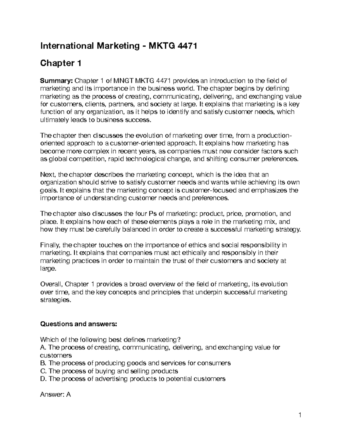 MKTG 4471 - Chapter 1 - International Marketing - MKTG 4471 Chapter 1 ...