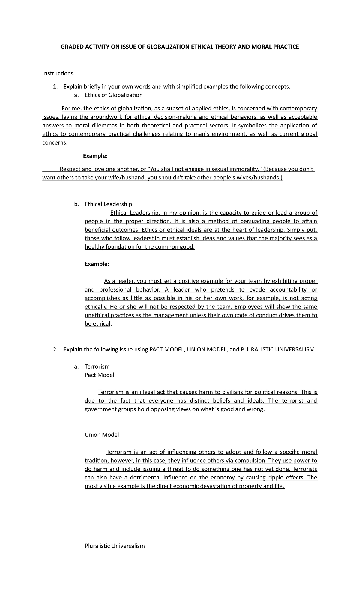 Graded Activity ON Issue OF Globalization Ethical Theory AND Moral ...