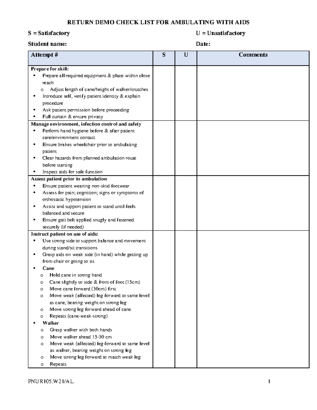 Ambulating - RETURN DEMO CHECK LIST FOR AMBULATING WITH AIDS PNUR105/AL ...