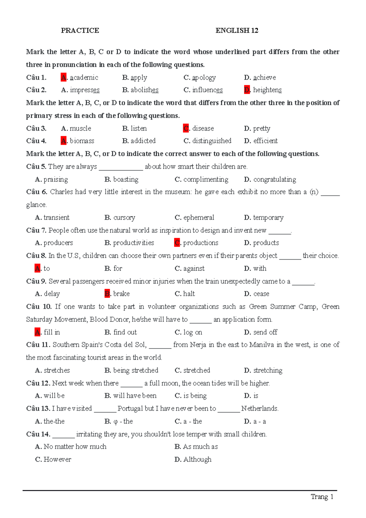 Practice 15 - GOOD LUCK - PRACTICE ENGLISH 12 Mark the letter A, B, C ...