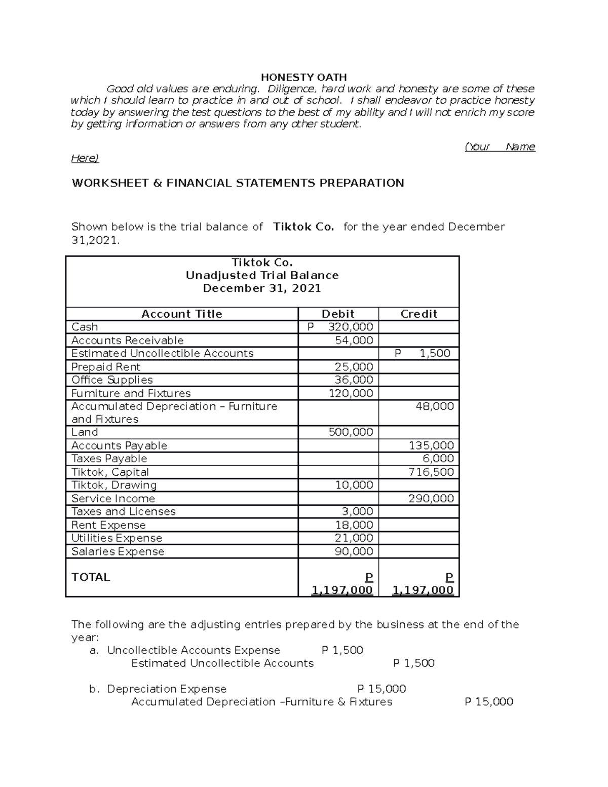 Activity-1 - Financial Statements - HONESTY OATH Good old values are ...
