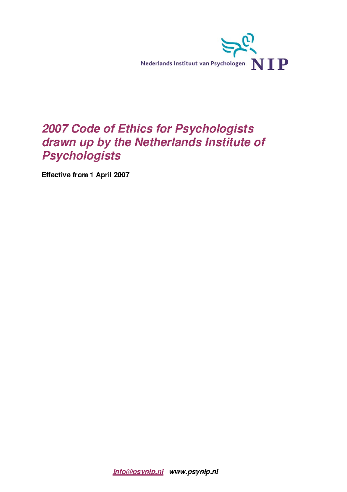 Code of ethics for psychologists - info@psynip psynip 2007 Code of ...