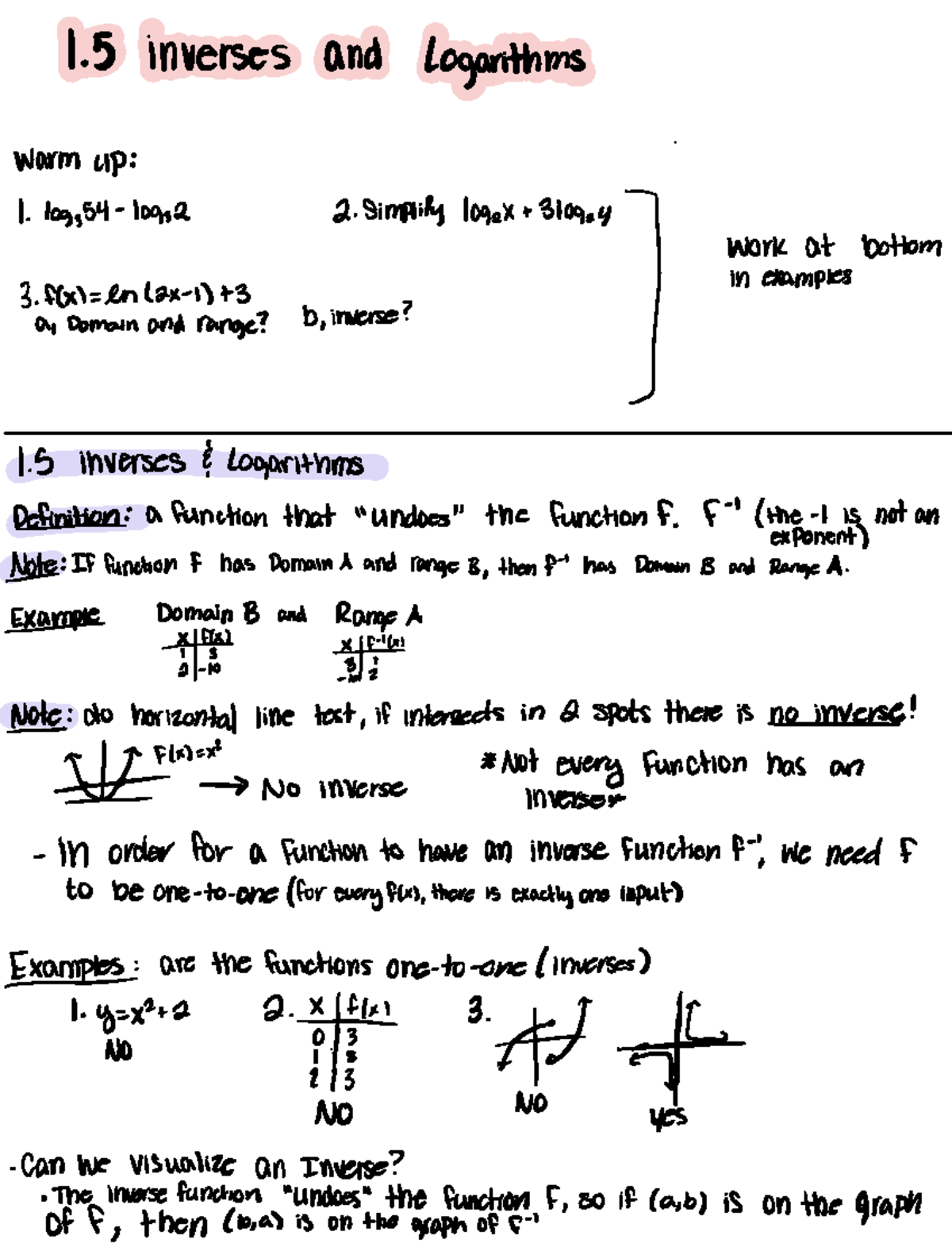 1.5 inverse and logarithms - 1 5 inverses and Logarithms warm up work ...