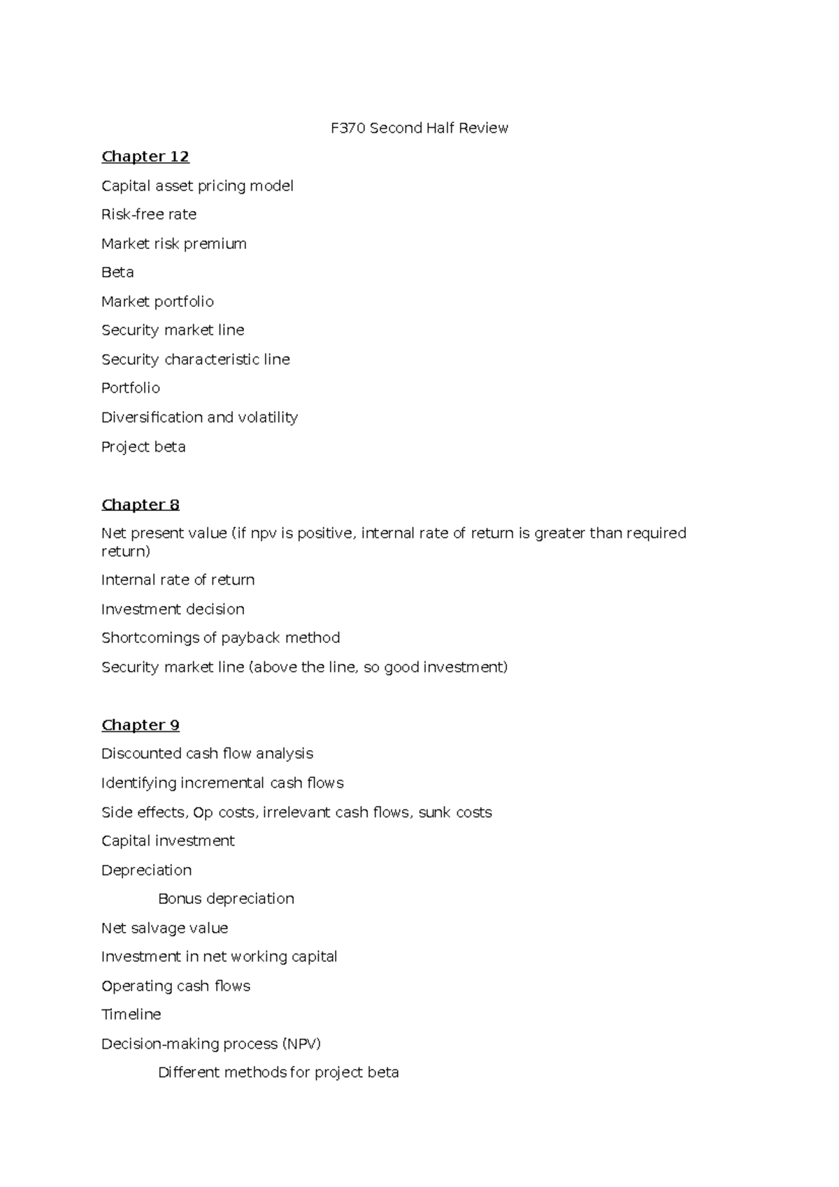 F370 Second Half Review - F370 Second Half Review Chapter 12 Capital ...