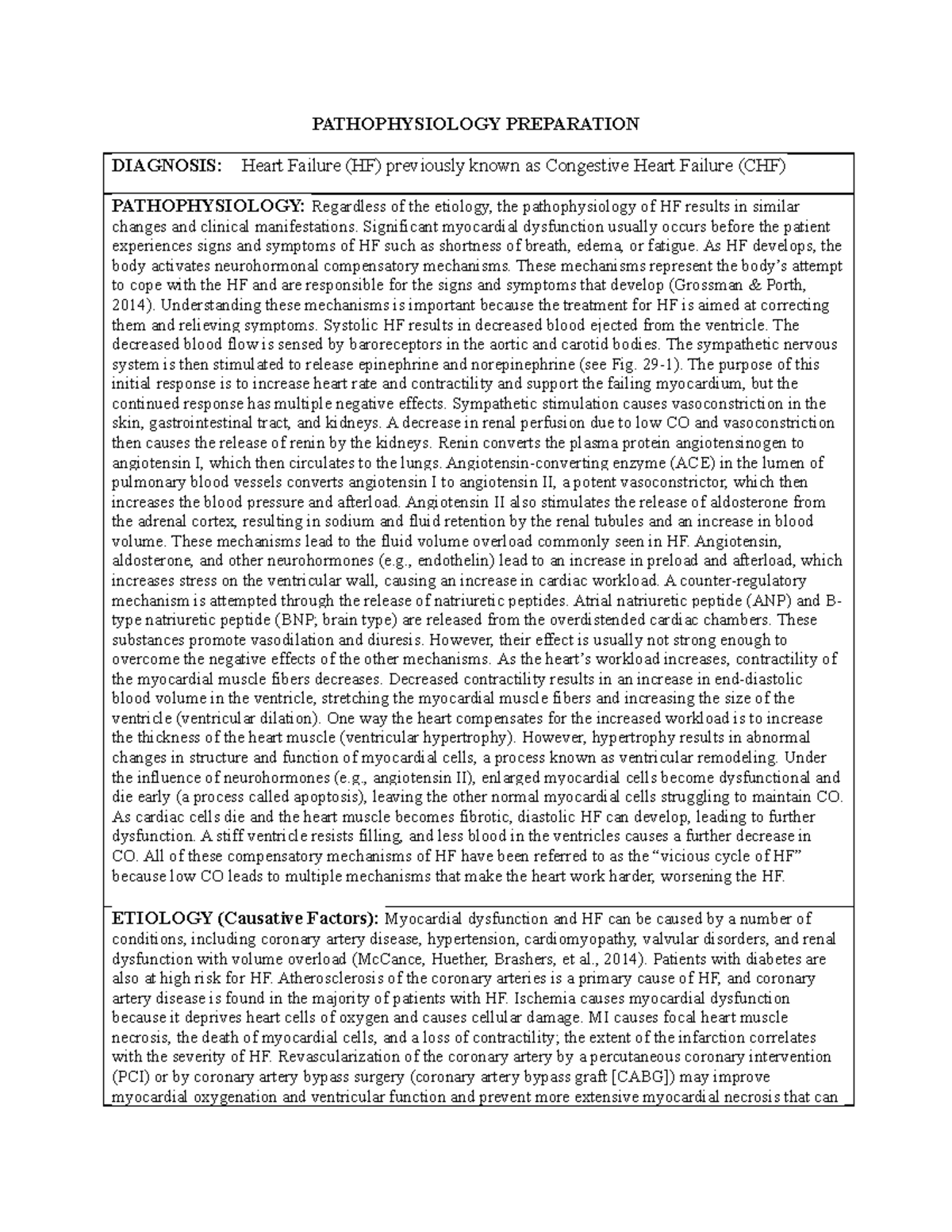 Patho Sheet-CHF - PATHOPHYSIOLOGY PREPARATION DIAGNOSIS: Heart Failure ...