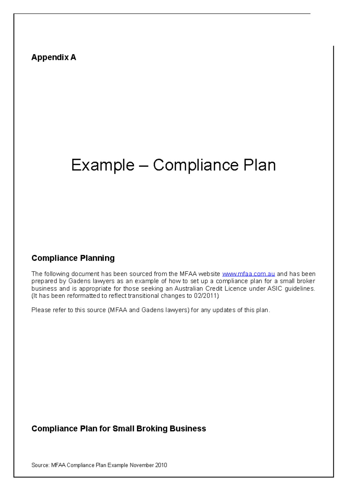 4. Appendix A - Example Compliance Plan MFAA - Gadens 2010 - Appendix A ...