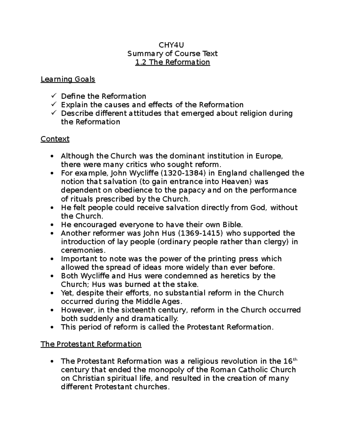 1.2 Reformation Notes - CHY4U Summary of Course Text 1 The Reformation ...