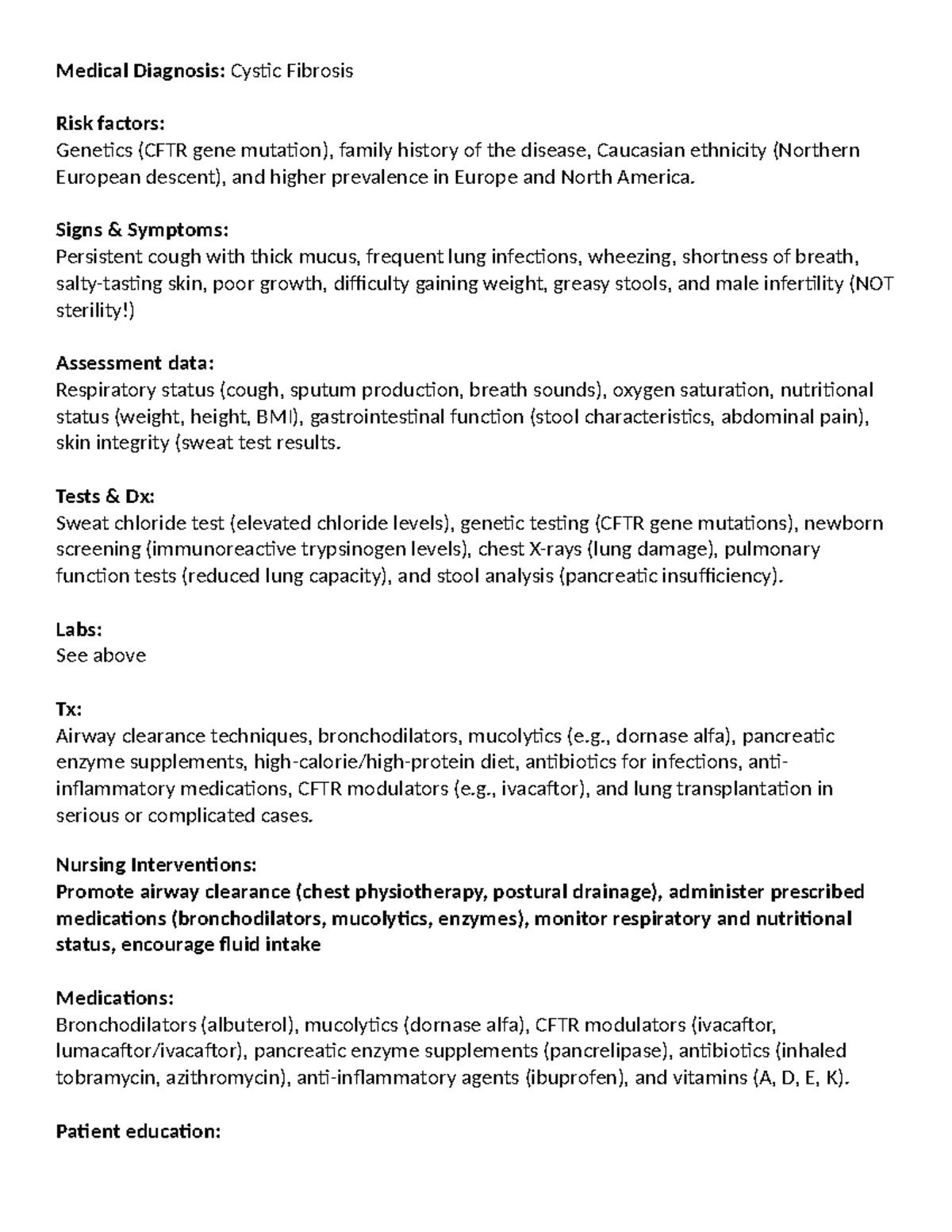 Cystic Fibrosis Diagnosis Sheet - Medical Diagnosis: Cystic Fibrosis ...