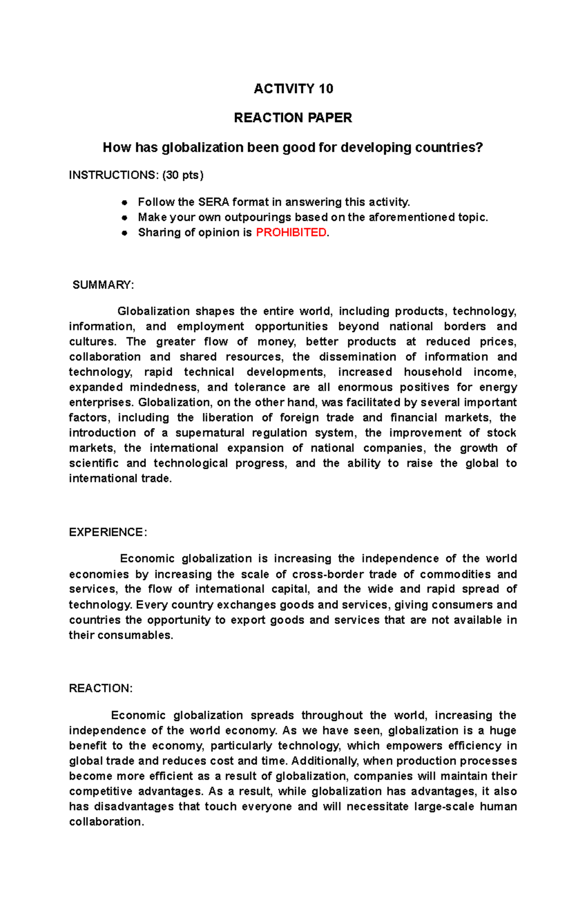 Reaction Paper How has globalization been good for developing countries ...