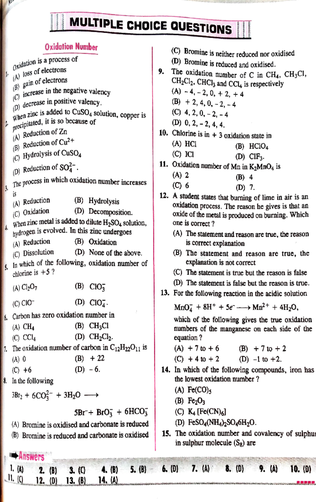 Redox reactions chapter mcqs - ] l l MULTIPLE CHOICE QUESTIONS 11 ...