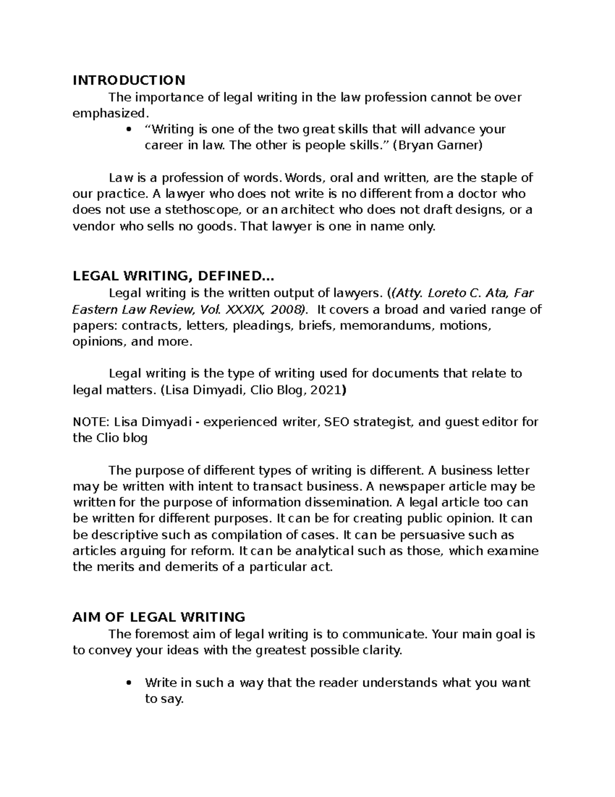 Outline - INTRODUCTION The importance of legal writing in the law ...