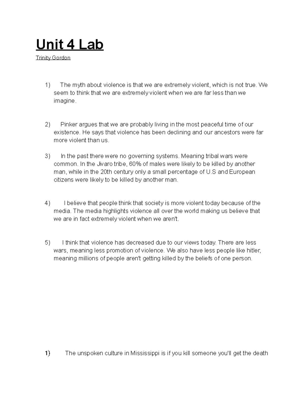 Unit 4 Lab - ........ - Unit 4 Lab Trinity Gordon The myth about ...