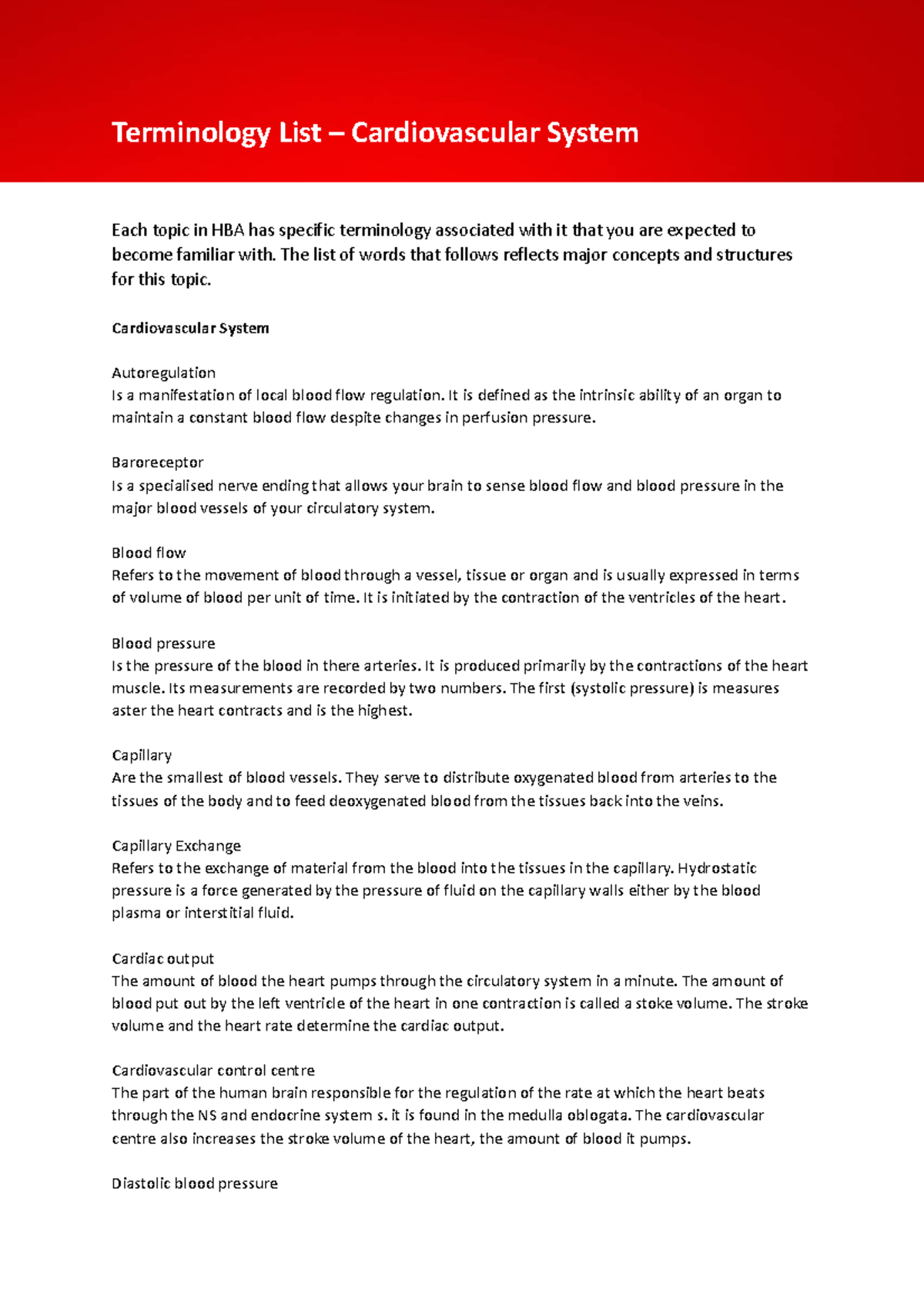 Terminology List Week 6 Cardiovascular System - Terminology List ...