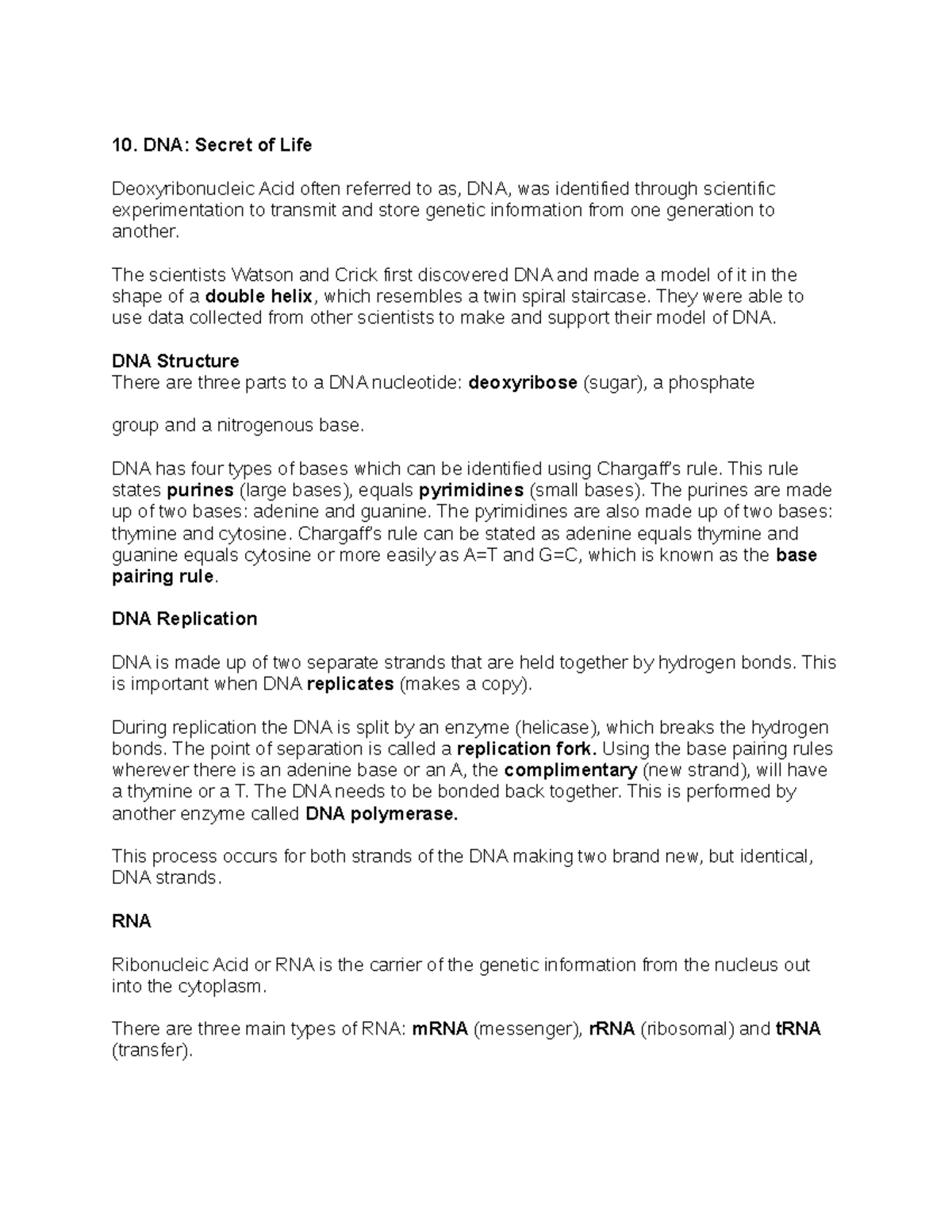 10 - notes - DNA: Secret of Life Deoxyribonucleic Acid often referred ...