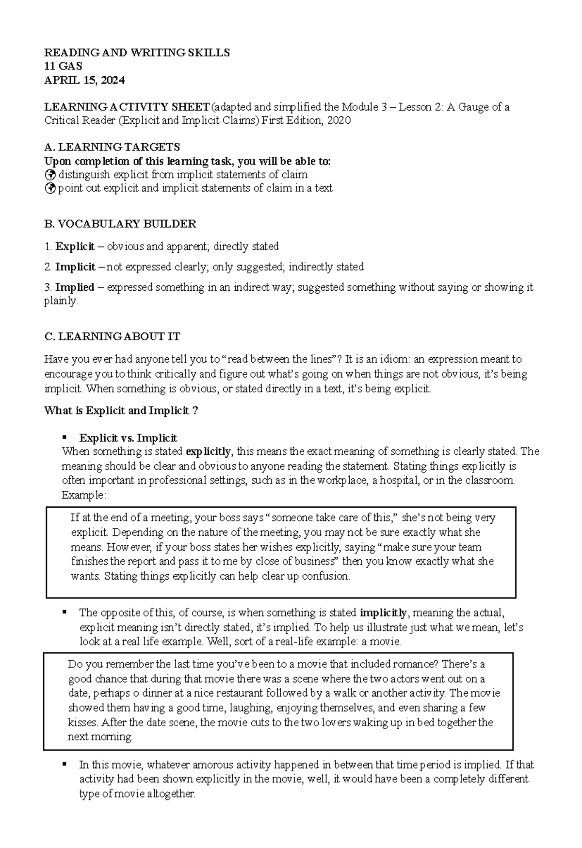 Implicit VS Explicit - READING AND WRITING SKILLS 11 GAS APRIL 15, 2024 ...