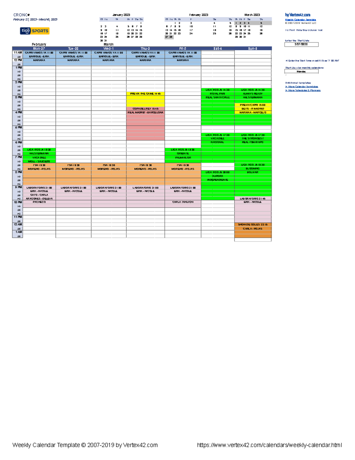 Cronograma TSP 2023 - Marzo 1 - Weekly Calendar Template © 2007-2019 by ...