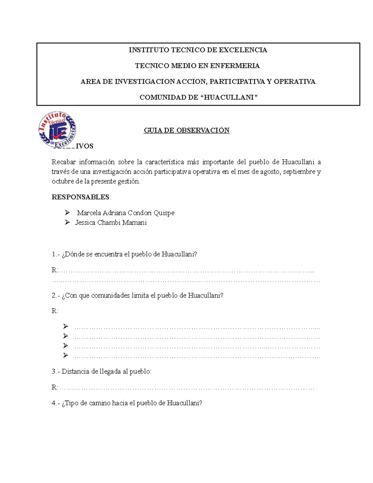 GUIA DE Observación huacullani - GUIA DE OBSERVACIÓN OBJETIVOS Recabar ...