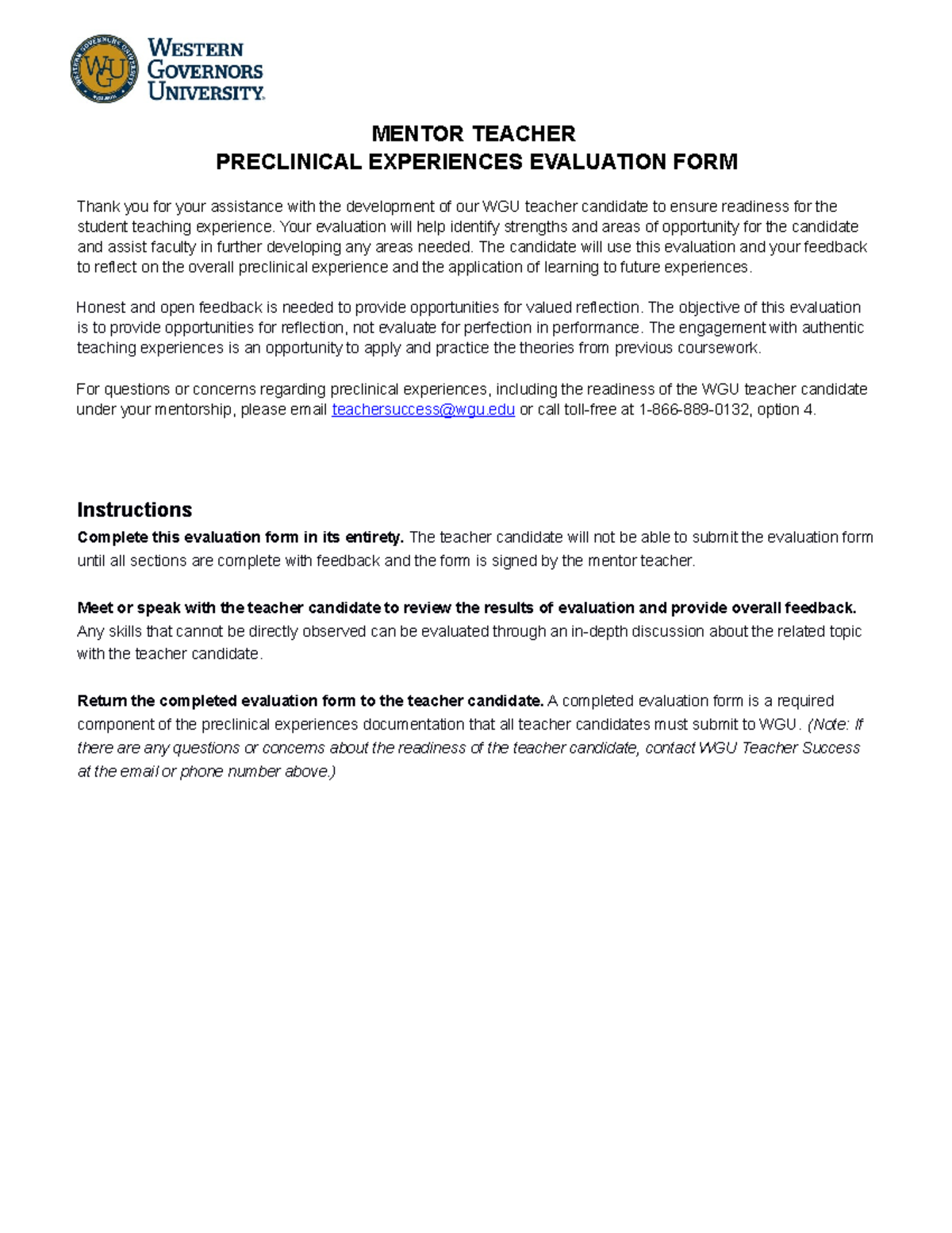 Mentor Teacher Preclinical Evaluation Form - MENTOR TEACHER PRECLINICAL ...