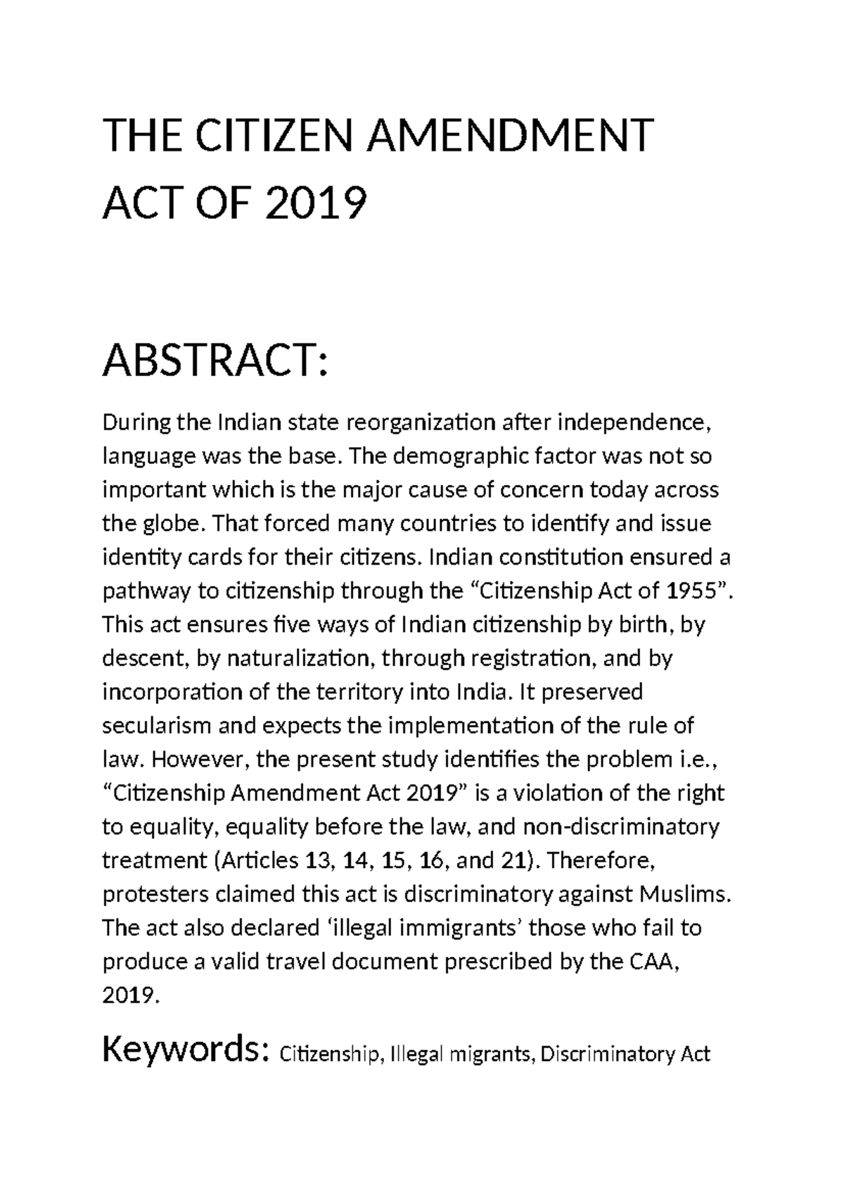 Research activity - THE CITIZEN AMENDMENT ACT OF 2019 ABSTRACT: During ...