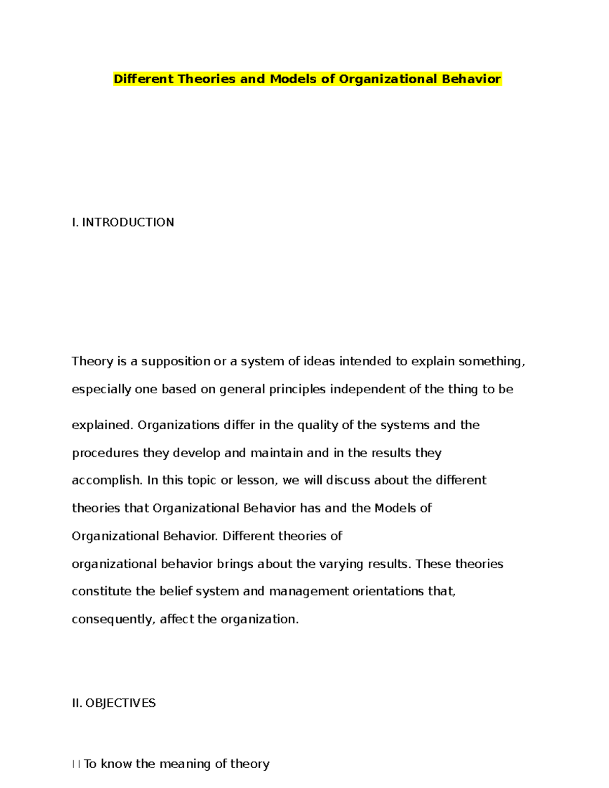 Different Theories and Models of Organizational Behavior - INTRODUCTION ...