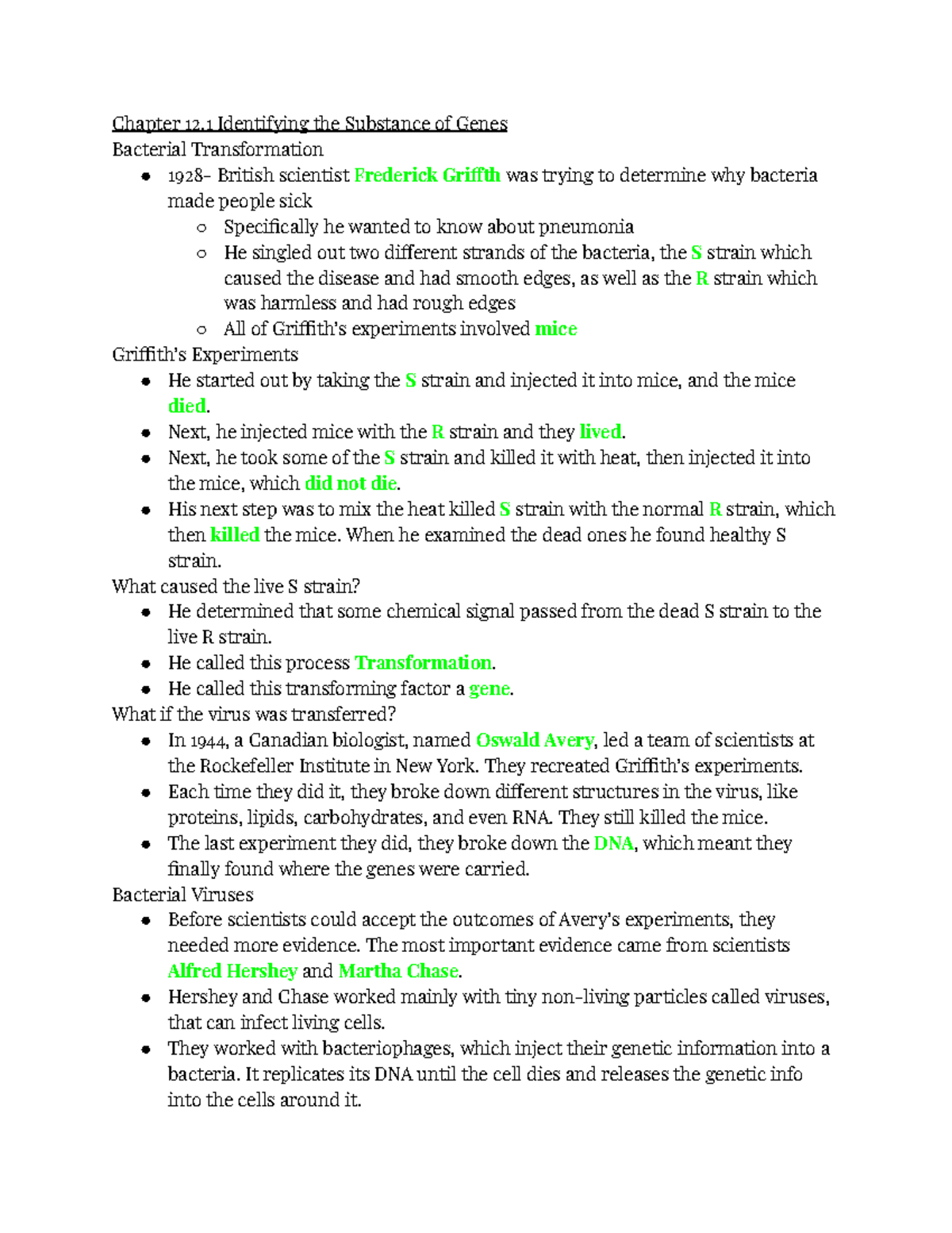 Chapter 12 Notes - Chapter 12 Identifying the Substance of Genes ...