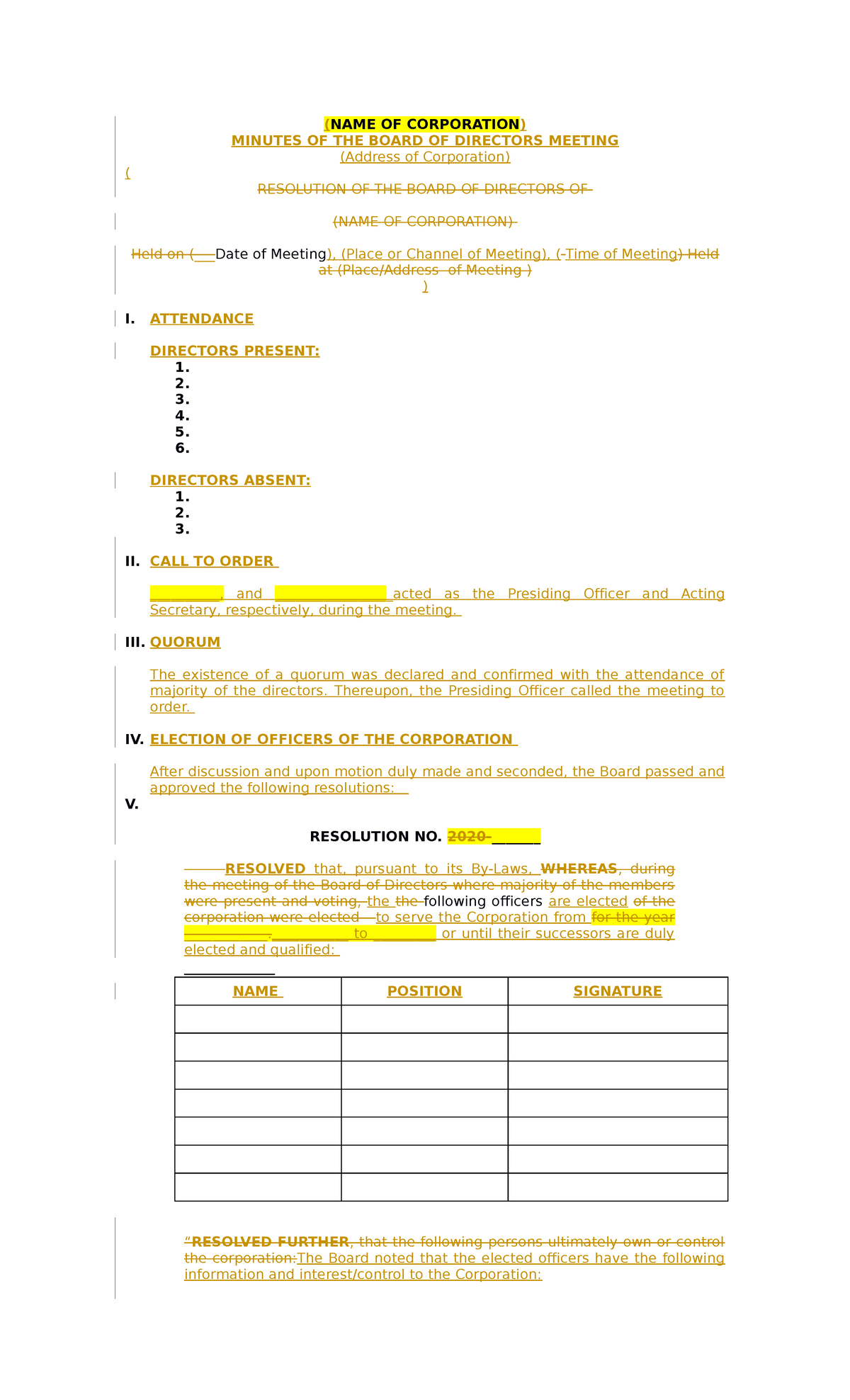 List of Incumbent Officers Board Resolution - (NAME OF CORPORATION ...