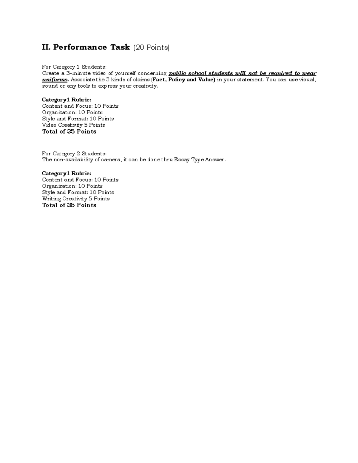 Performance TASK WEEK 5 - II. Performance Task (20 Points) For Category ...