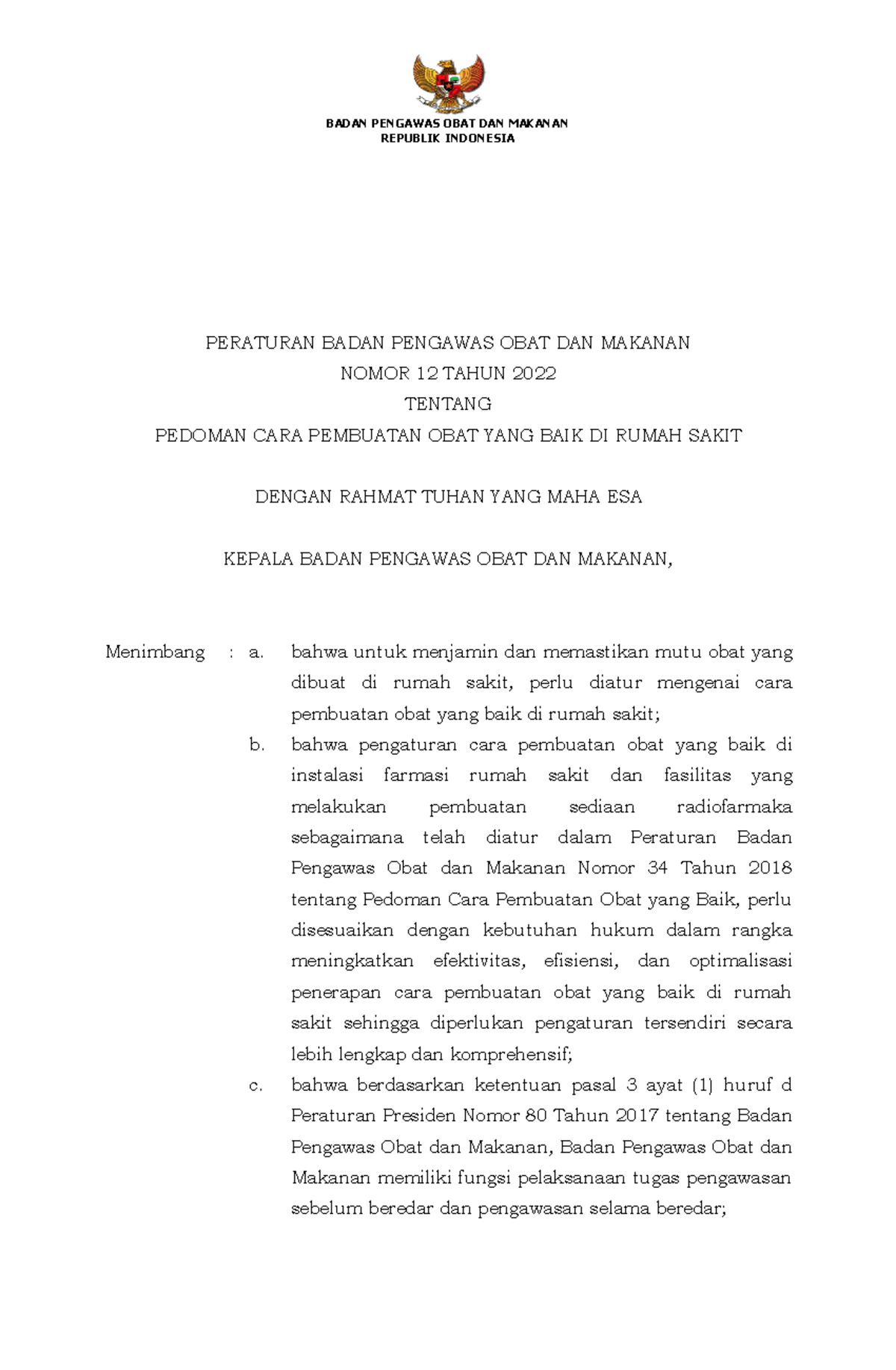 Per BPOM 12 2022 ttg CPOB RS - BADAN PENGAWAS OBAT DAN MAKANAN REPUBLIK ...