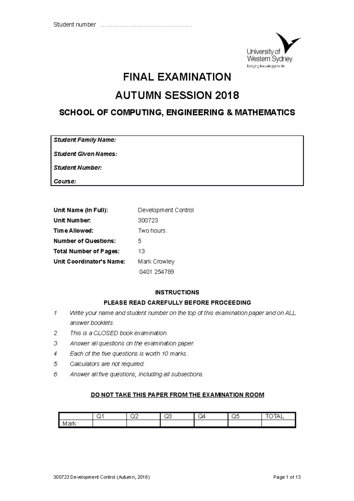 Final Exam 2018 - FINAL EXAMINATION AUTUMN SESSION 2018 SCHOOL OF ...