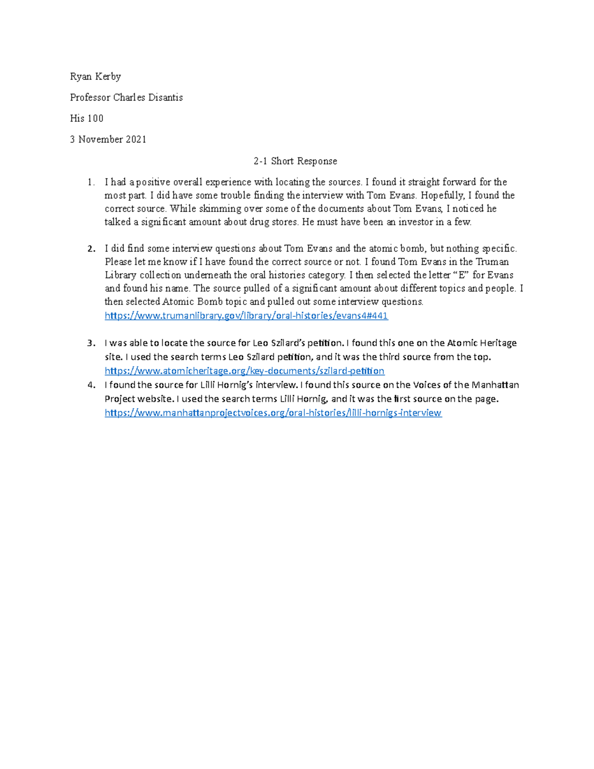 2-1 Short Response - Ryan Kerby Professor Charles Disantis His 100 3 ...