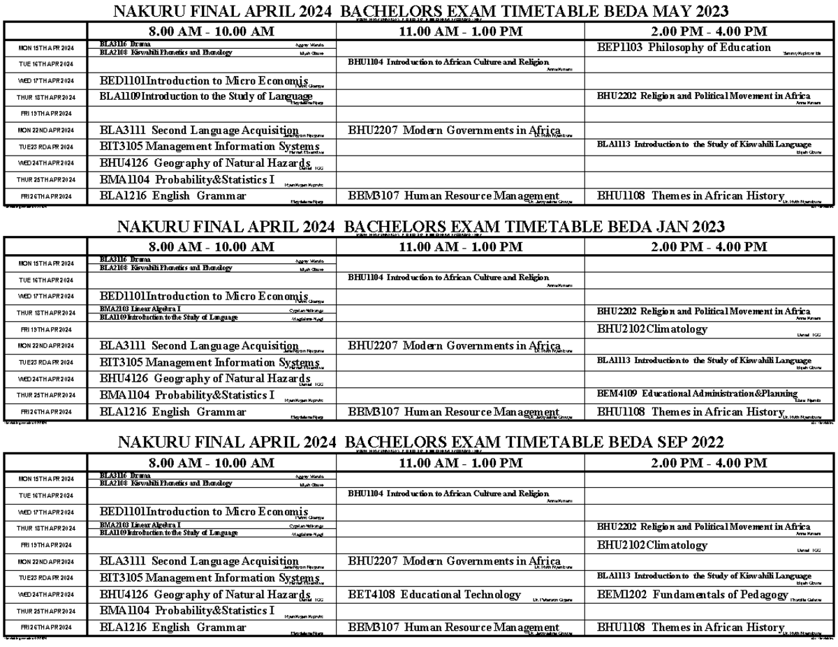 Final Nakuru April 2024 Bachelors EXAM Timetable - MOUNT KENYA ...