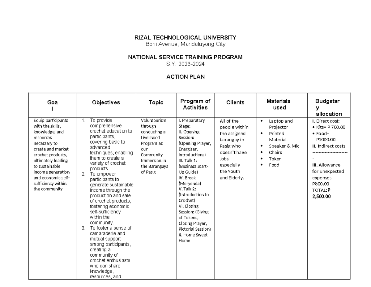 Action Plan for a Project Proposal for Community Immerssion in NSTP 2 ...