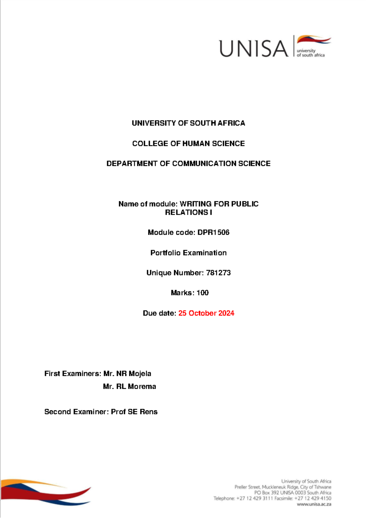 DPR1506 S2 Portfolio Examination - DPR1506_Portfolio Examination 1 UNIVERSITY OF SOUTH AFRICA ...