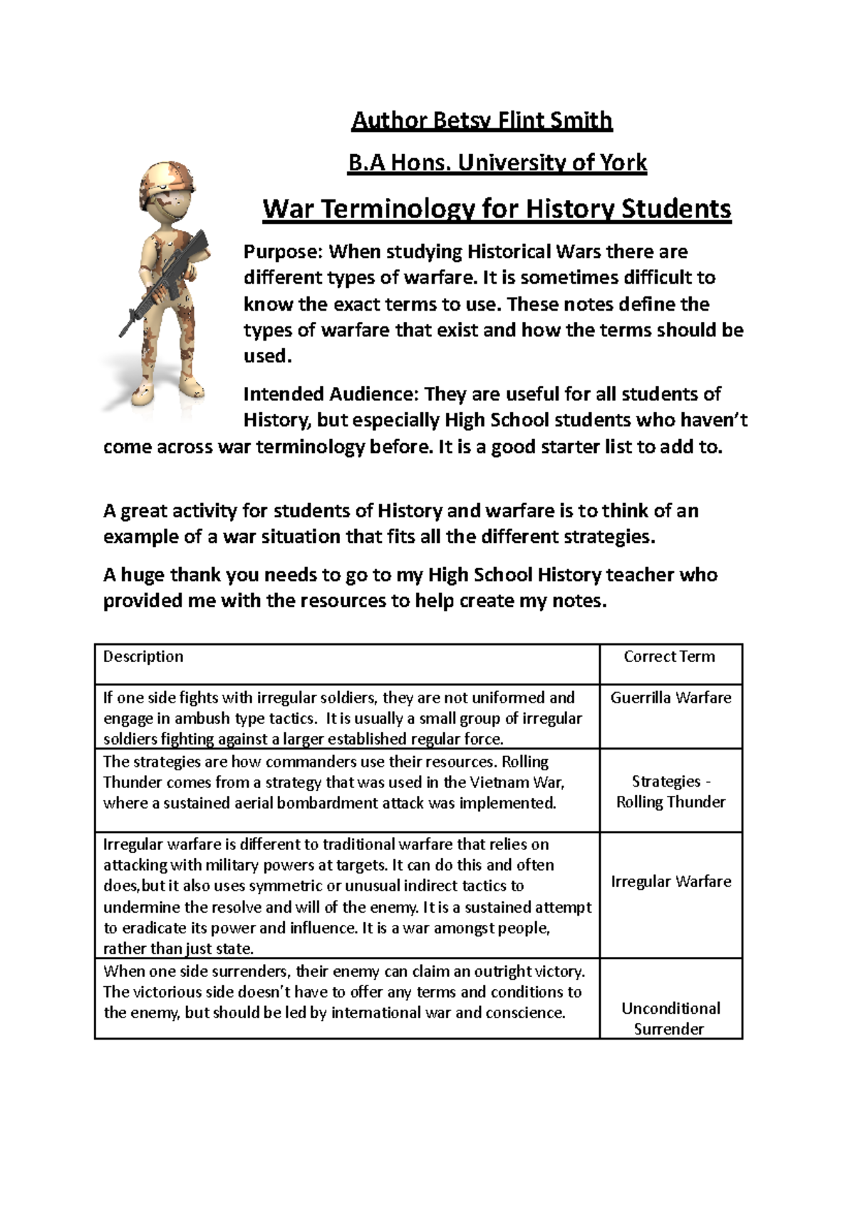 War terminology for history students - Author Betsy Flint Smith B Hons ...